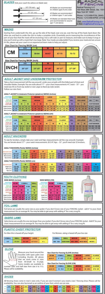 fencing jacket size chart